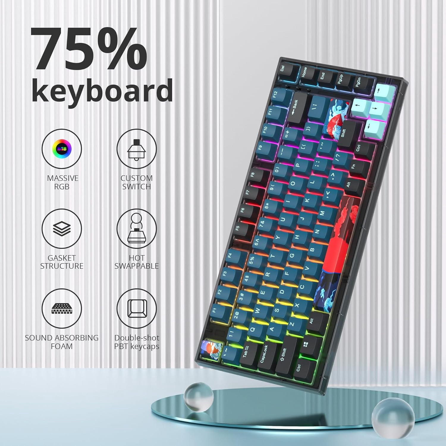 RREGER-75% Percent Keyboard Gasket Mount, Hot-swappable RGB Wired Mechanical Gaming Keyboard ...