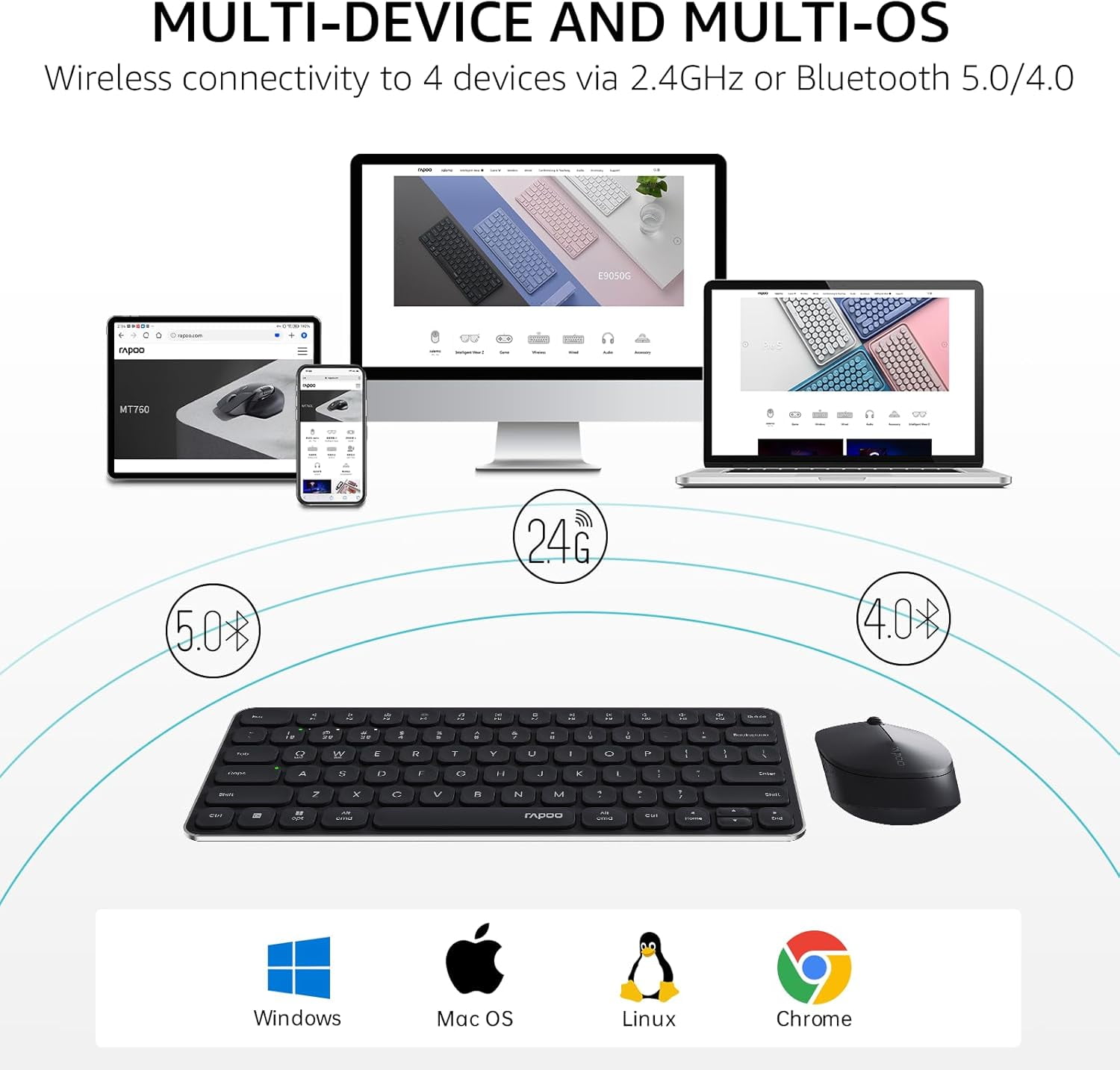 RREGER-9010M Multi-Device Keyboard and Mouse Combo, 2.4GHz/Bluetooth 5. ...