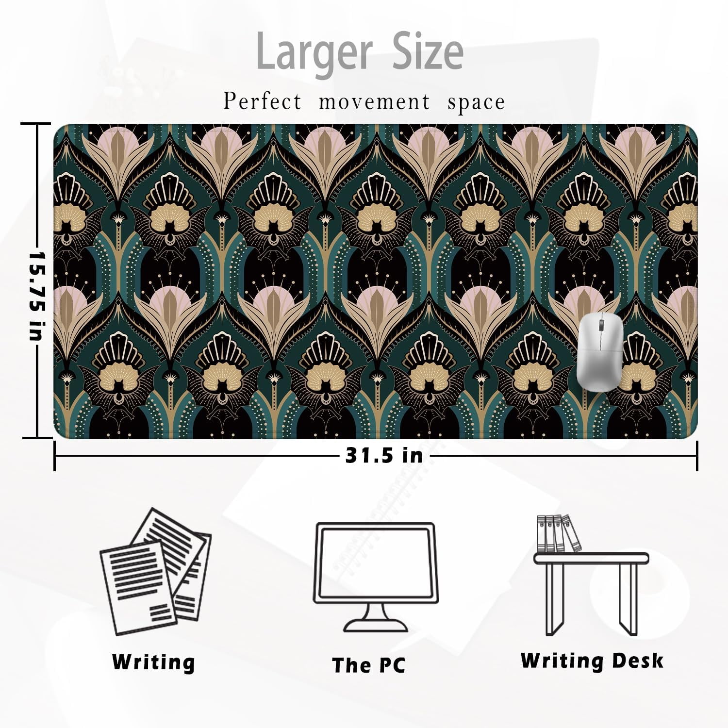 RREGER-Art Deco Floral Mouse Pad 31.5x15.7inch, 1920s Maximalist Gothic ...
