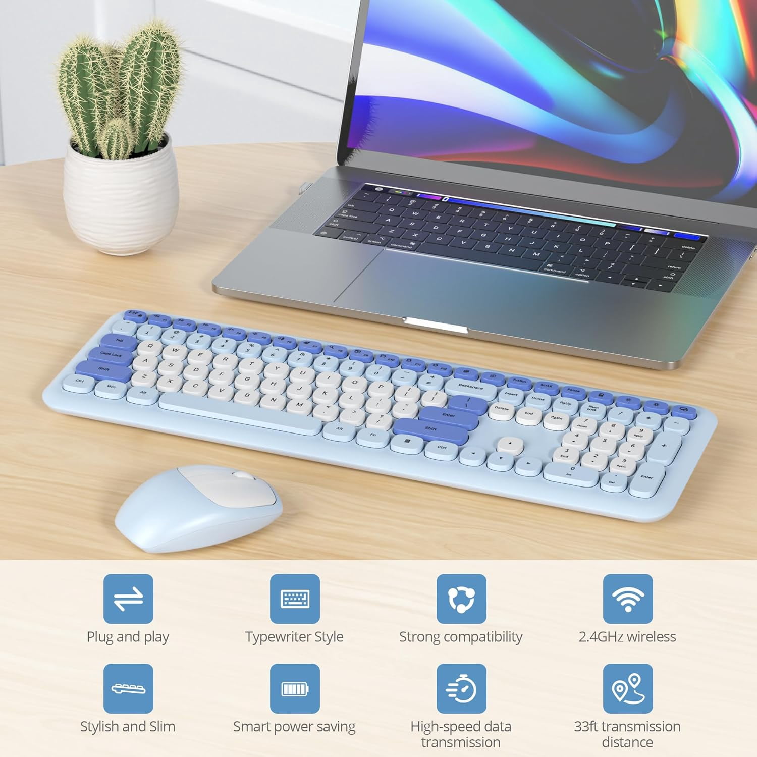 RREGER-Blue Colorful Wireless Keyboard and Mouse Combo Set, 2.4GHz ...