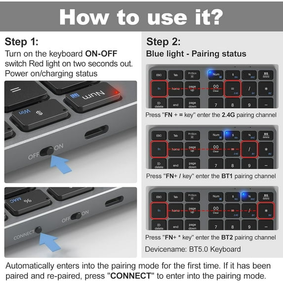 RREGER-Bluetooth Number Pad for Laptop - Gray Wireless Numeric Keypad ...