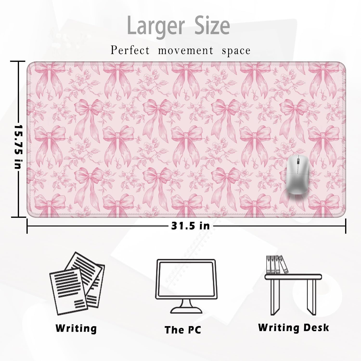 RREGER-Coquette Pink Floral Large Mouse Pad 31.5x15.7inch, Trendy Girly ...