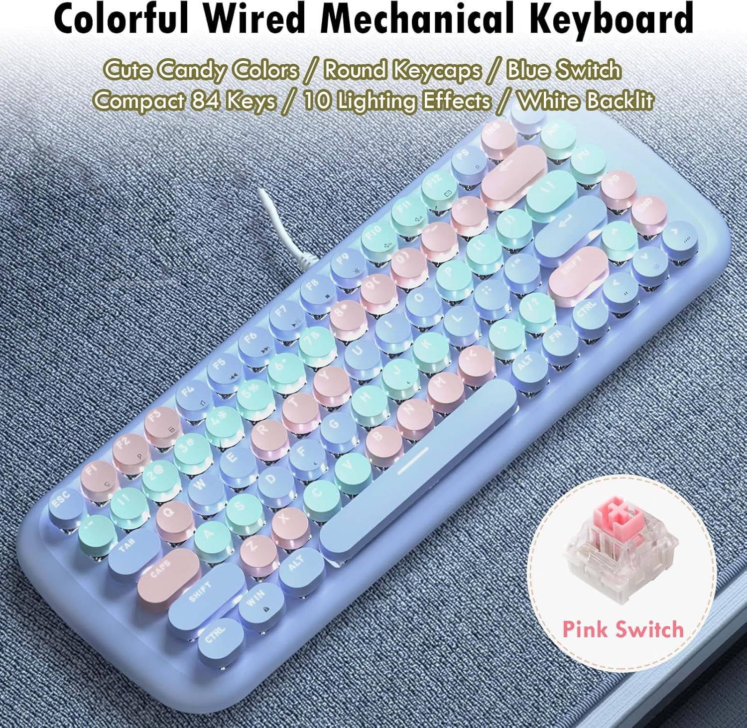 RREGER-Cute Colorful Wired Mechanical Keyboard for Girls and Kids ...