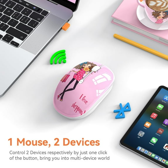 RREGER-Cute Pink Wireless Mouse, Dual Mode, Bluetooth & 2.4GHz USB ...