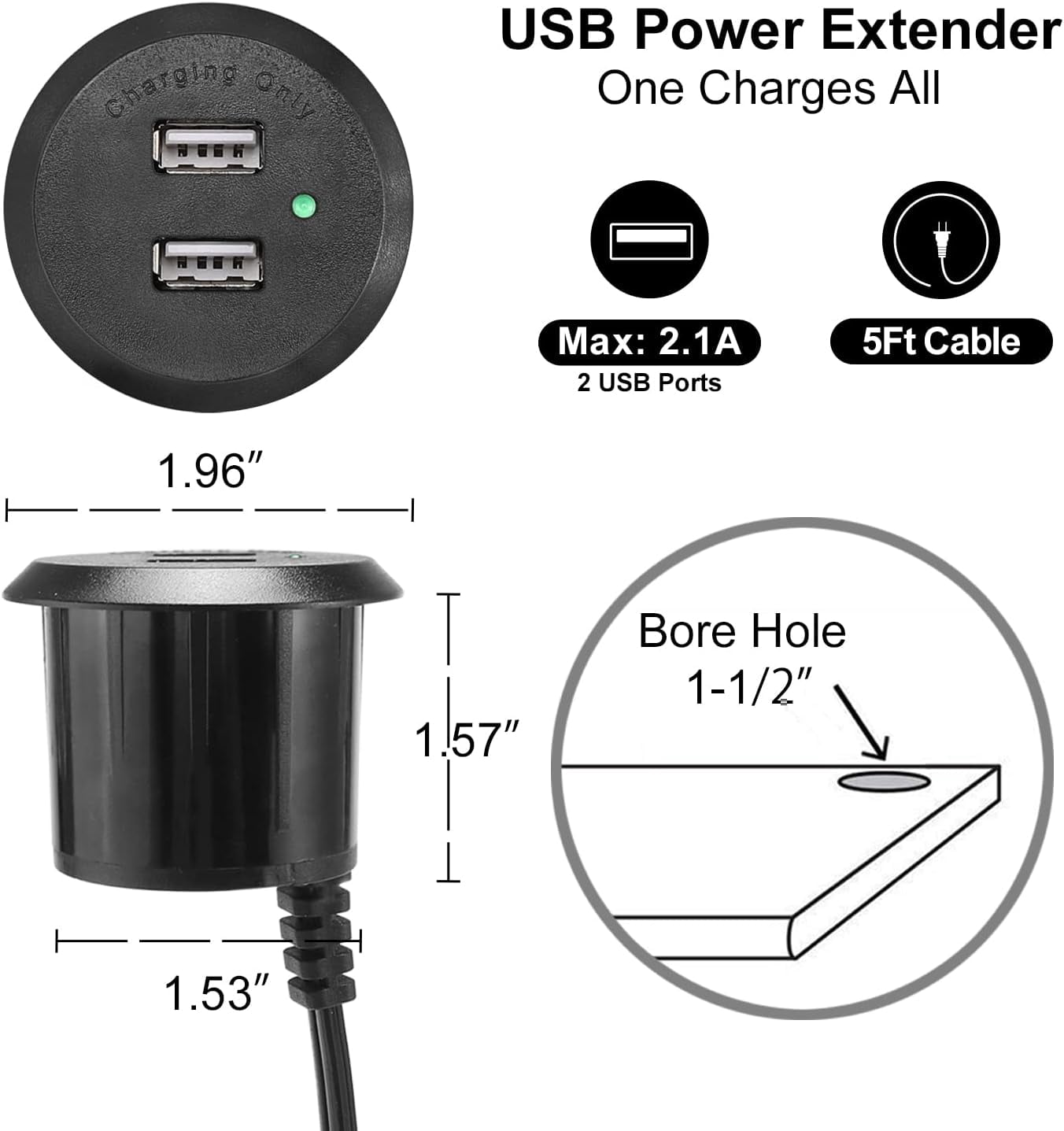 RREGER-Desktop USB Power Grommet Recessed Mount Power Hub Desk Power ...
