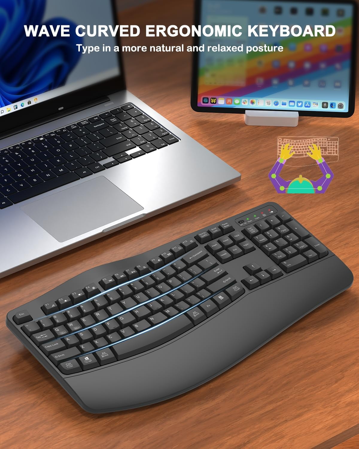RREGER-Ergonomic Wireless Keyboard with Wrist Rest, Wave Keys ...