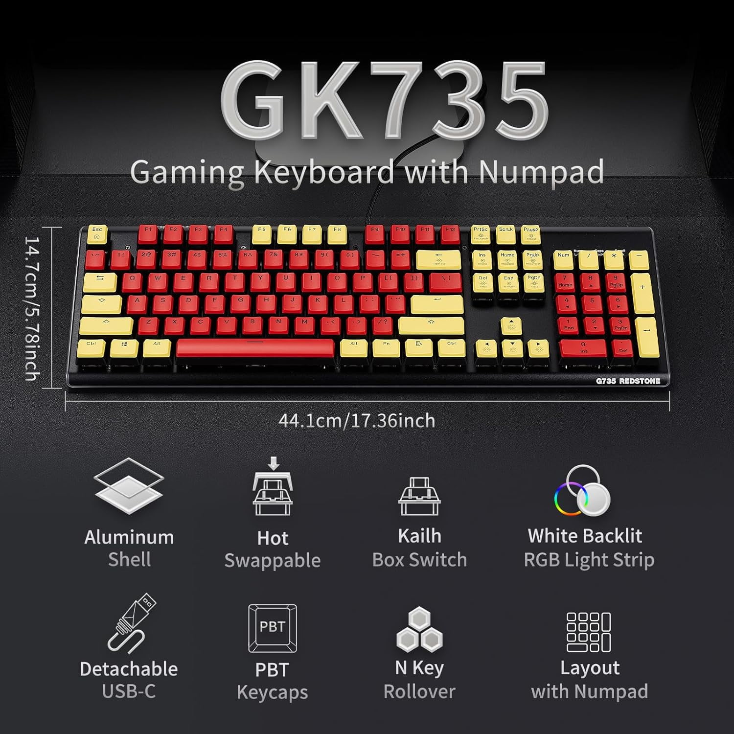 RREGER-GK735 Wired Mechanical Gaming Keyboard, Hot-Swappable Full-Size ...
