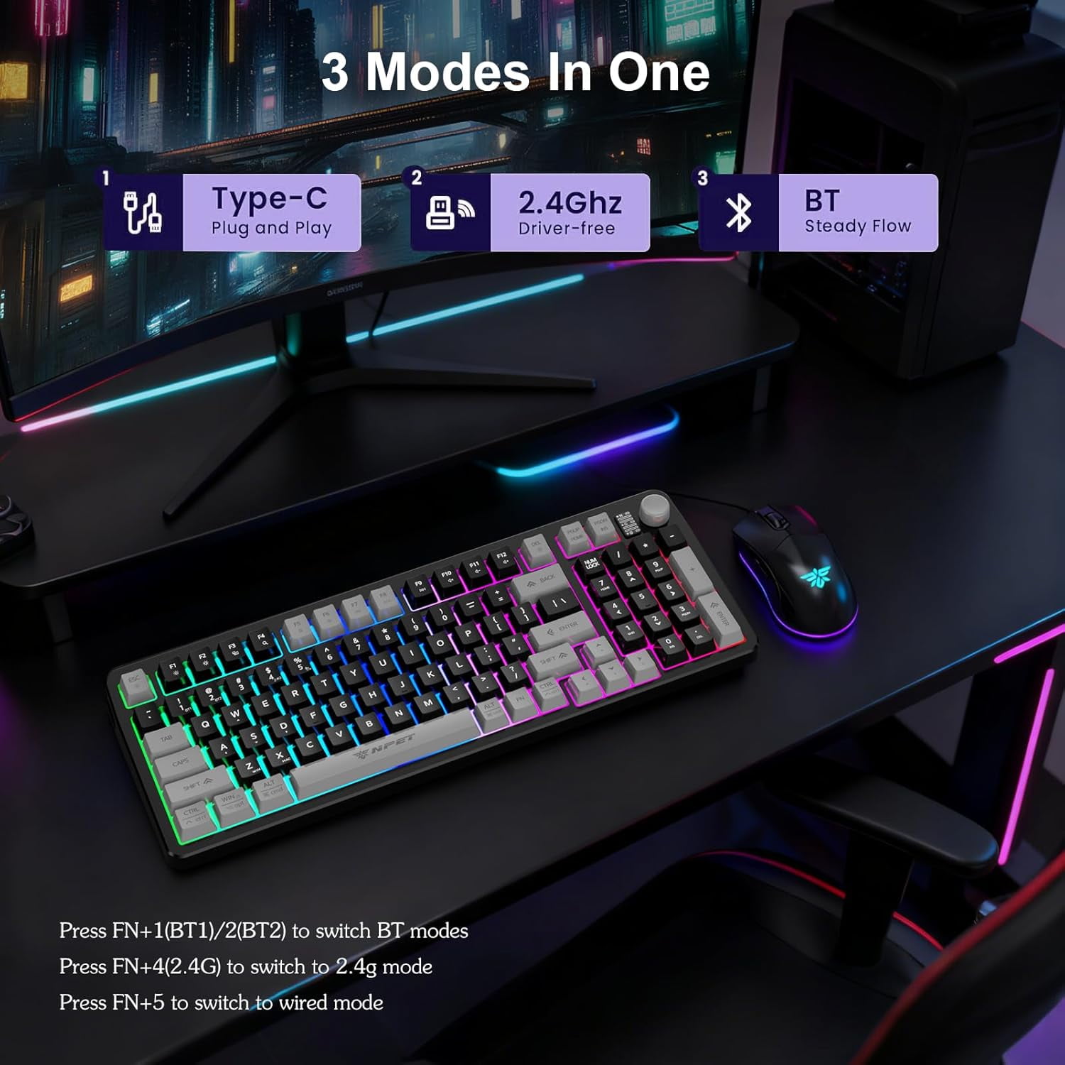 RREGER-Gaming Keyboard and Mouse Wireless with Tri-Mode, 98 Keys RGB ...