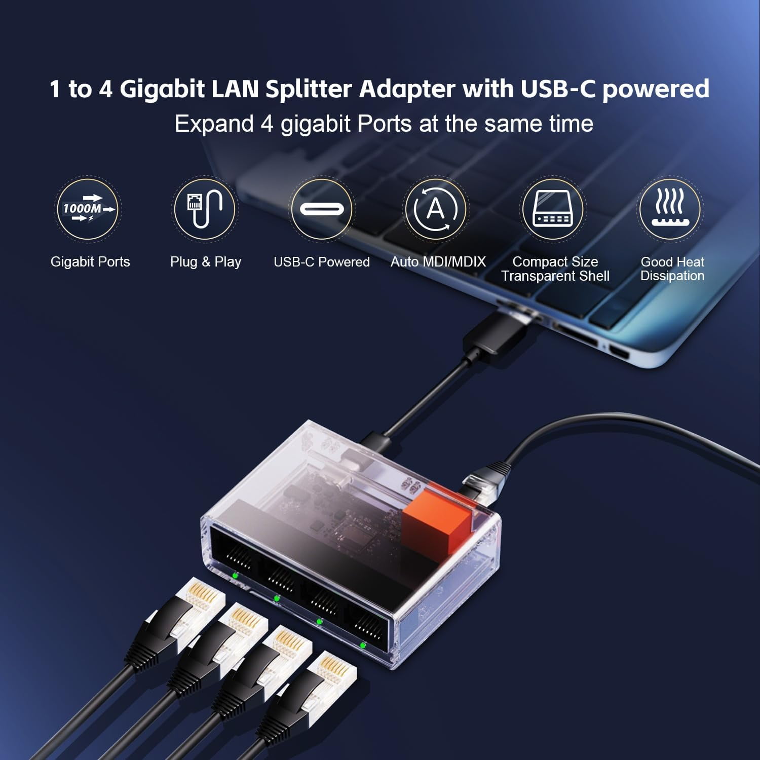 RREGER-Gigabit Ethernet Splitter 1 to 4 Port, 1000Mbps High-Speed LAN ...