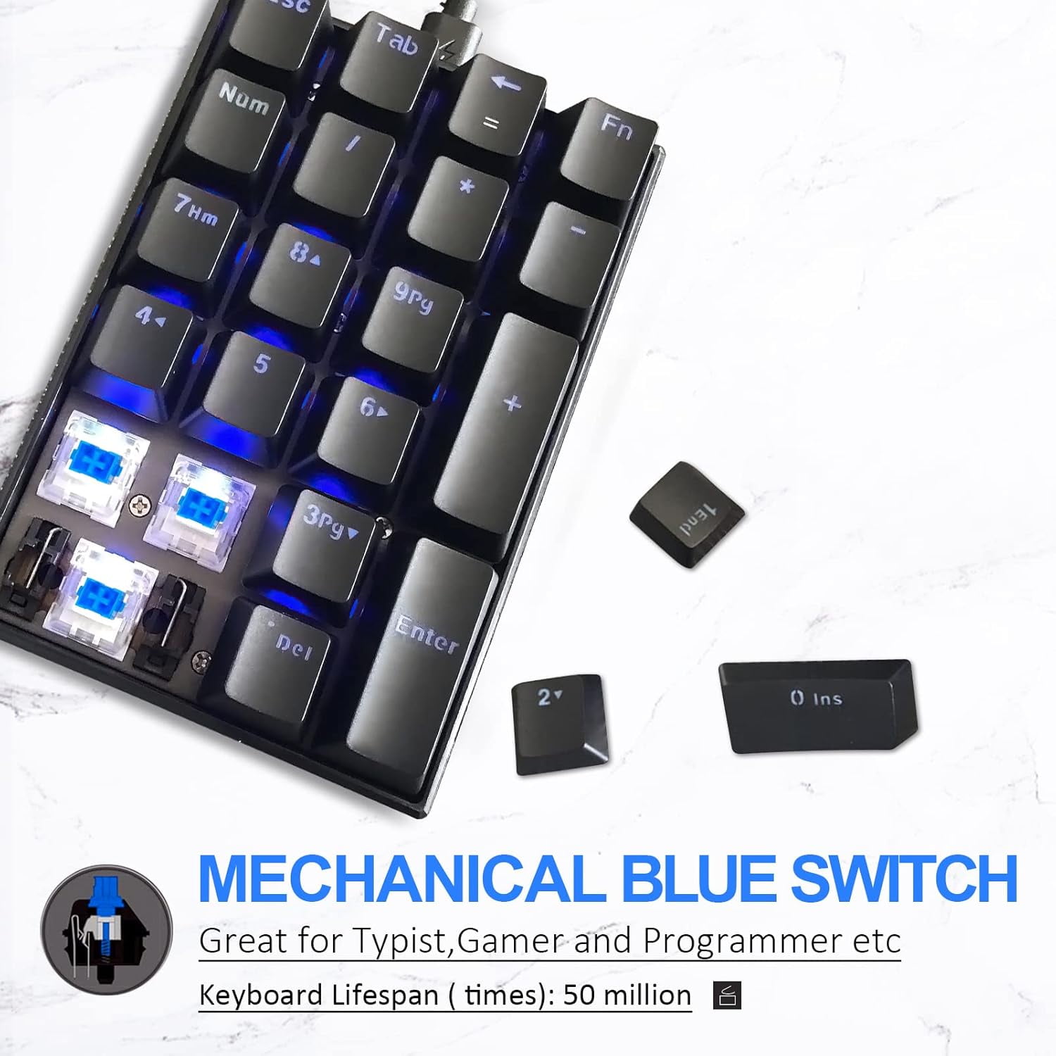 RREGER-K23 Mechanical Numeric Keypad Blue Switch Wired 21 Keys Mini ...