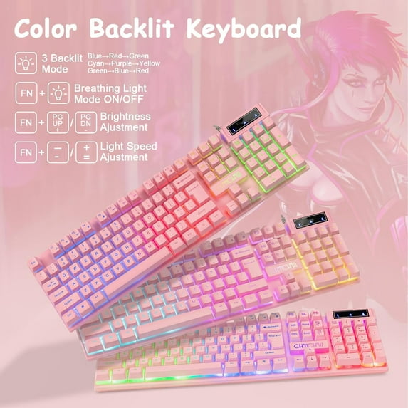 RREGER-Light Up Cute Pink Gaming Keyboard, 104 Keys Full Size, Number ...