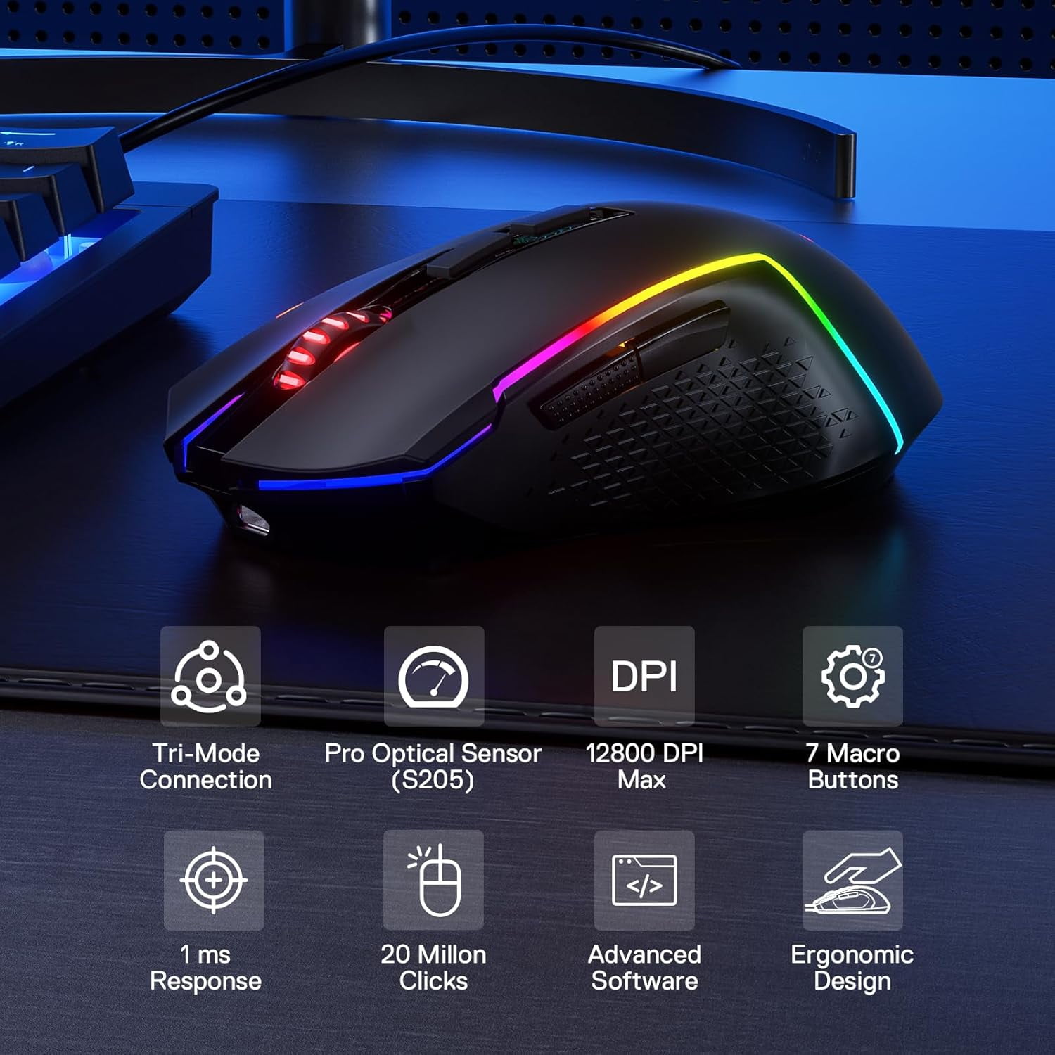 RREGER-M693 LIT Wireless Gaming Mouse, 12800 DPI Mice w/ 3-Mode ...