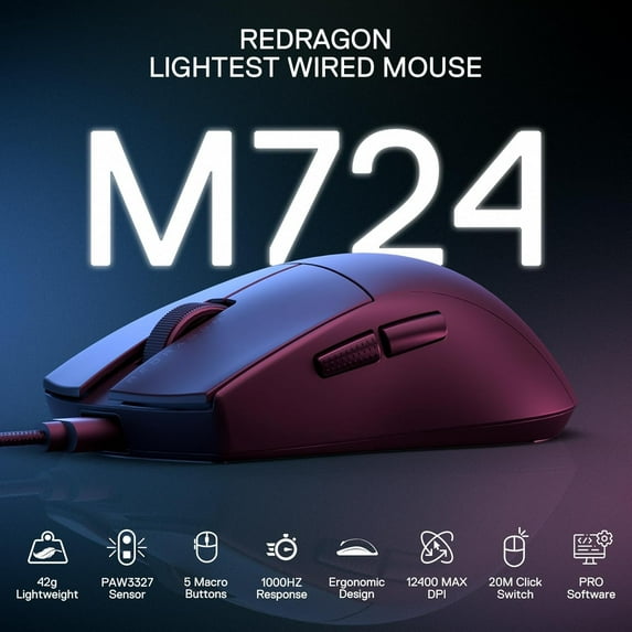 RREGER-M724 Wired Gaming Mouse, 42G Ultra-Light 12,400 Max DPI Optical ...