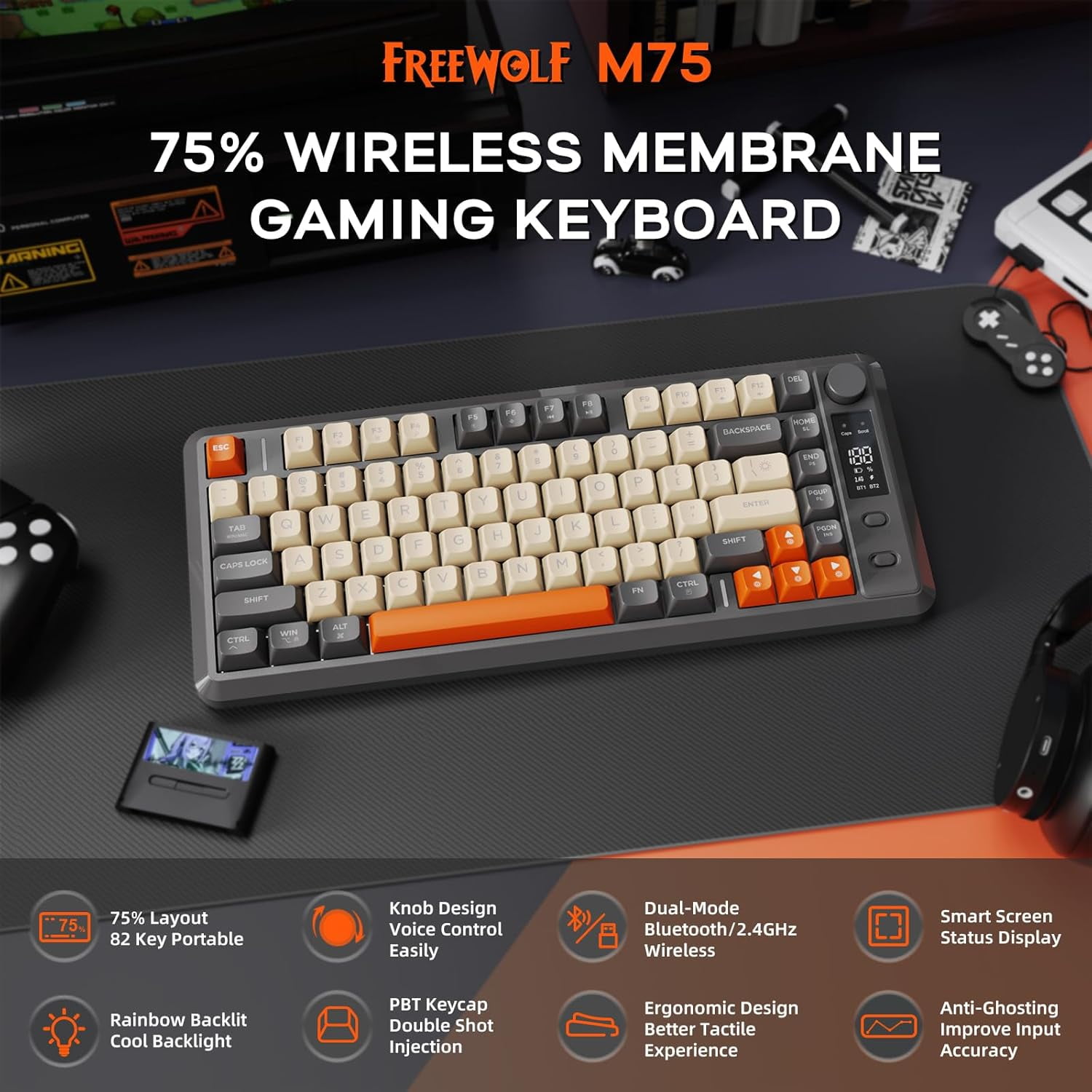 RREGER-M75 Wireless Gaming Keyboard Mechanical Feel Membrane with Knob ...