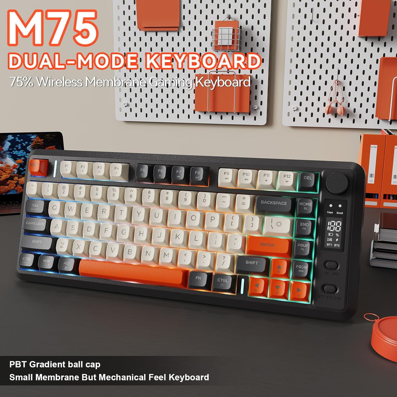 RREGER-M75 Wireless Gaming Keyboard, RGB Backlit Rechargeable 2000mAh ...