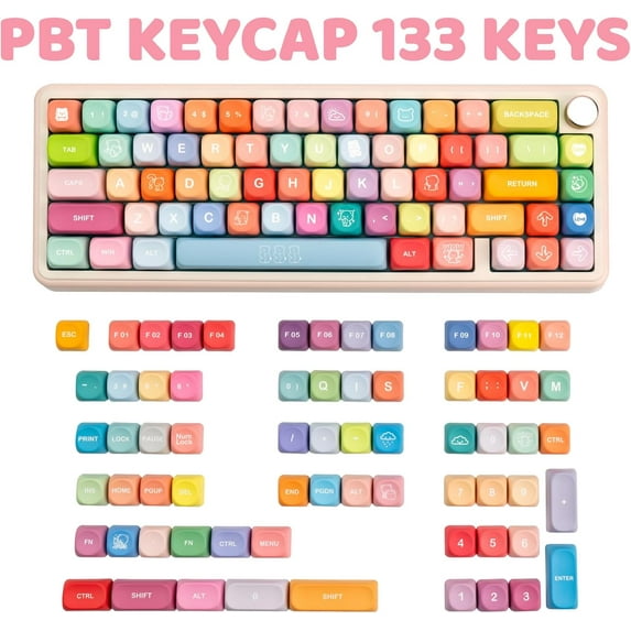 RREGER-PBT Keycaps,133 Keys 5-Side Dye Sublimation Keycaps, Cute MOA ...