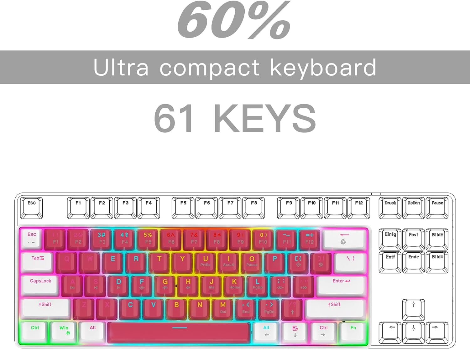RREGER-Portable 60% Mechanical Gaming Keyboard, Compact 61 Keys Mini ...