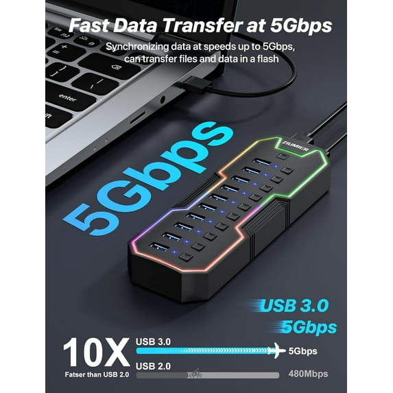 RREGER-Powered USB Hub, 10 Ports USB 3.0 Hub with RGB LED Strip and 12V ...