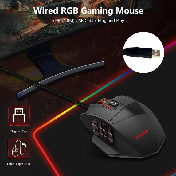 RREGER-Premium Wired MMO Gaming Mouse For MOBA/FPS/RPG,16400 DPI,Rapid ...