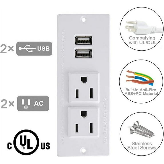 RREGER-Recessed Power Strip with USB Mountable Power Strip with USB 2 ...