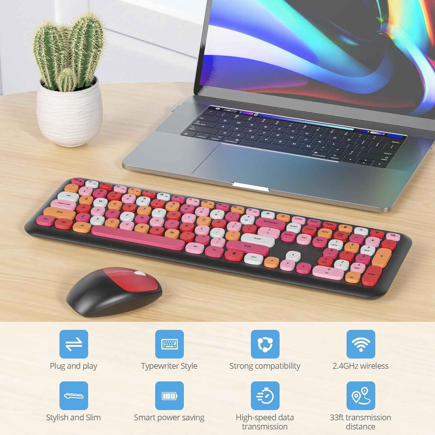 RREGER-Red Colorful Wireless Keyboard and Mouse Combo Set, 2.4GHz Retro ...