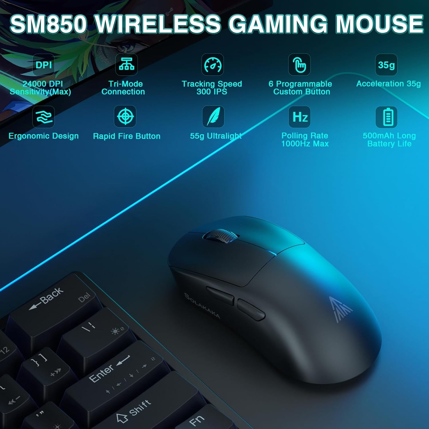 RREGER-SOLAKAKA SM850 Gaming Mouse Wireless, 24000 DPI, 55g Lightweight ...
