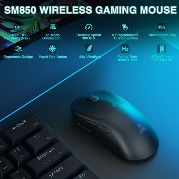 RREGER-SOLAKAKA SM850 Gaming Mouse Wireless, 24000 DPI, 55g Lightweight ...