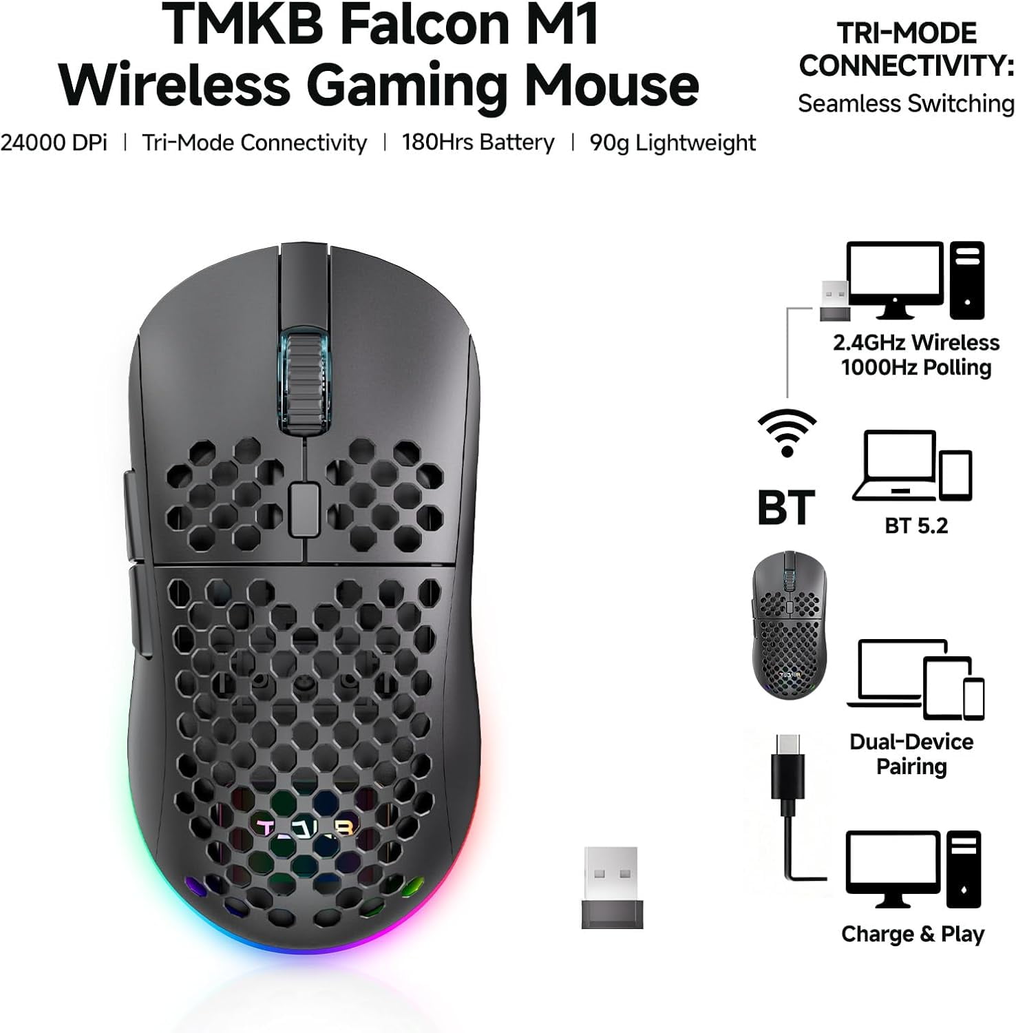RREGER-TMKB Wireless Gaming Mouse, 24000DPI Optical Sensor, 180Hrs ...