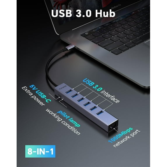 RREGER-USB 3.0 Hub, 8 Ports USB Ethernet Hub, with 7 USB 3.0 Port, 5V ...