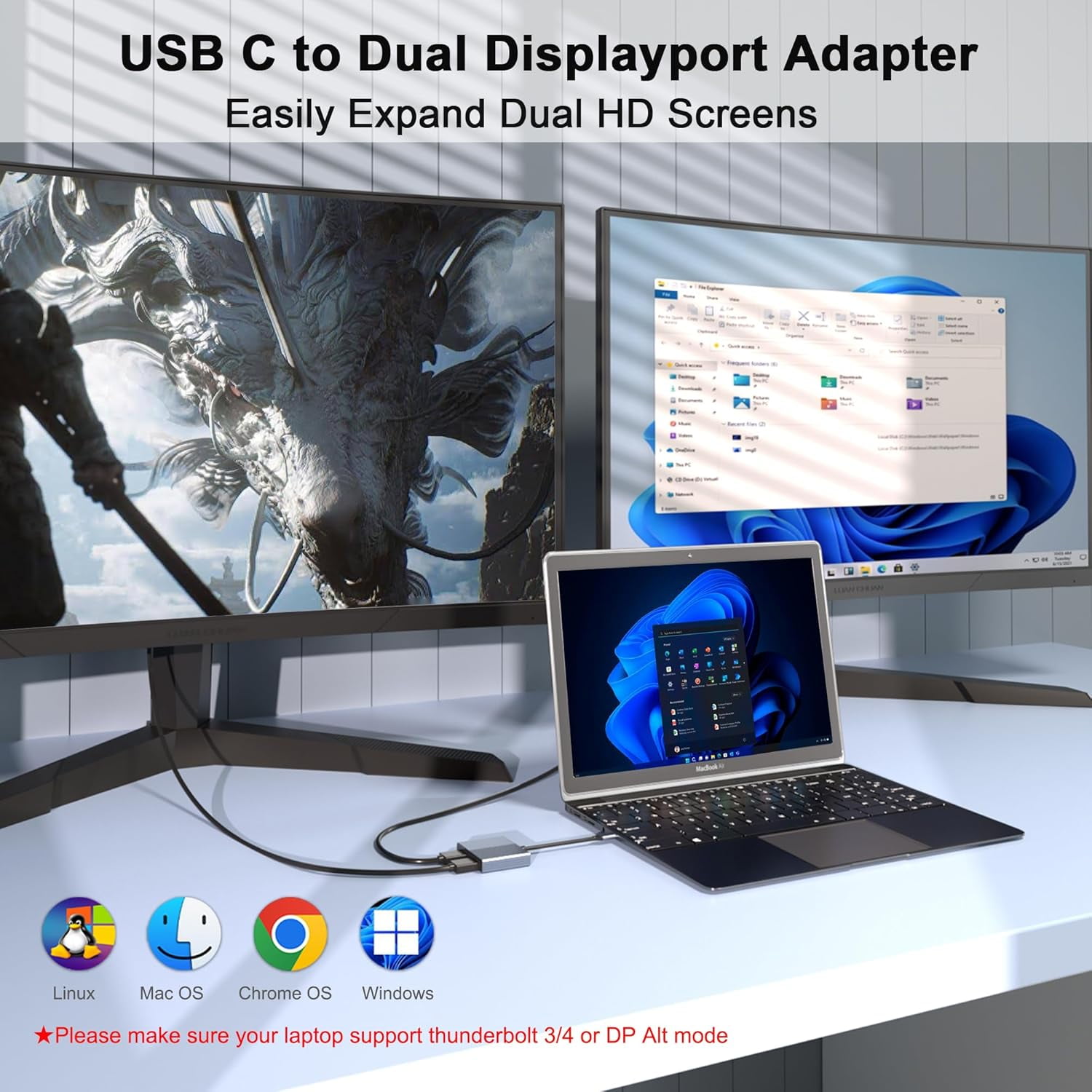 RREGER-USB C to Dual DisplayPort Adapter, 4K@60Hz Displayport Splitter ...
