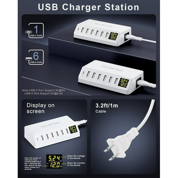 RREGER-USB Charger 60W 7-Port USB Desktop Charger with LED Screen ...