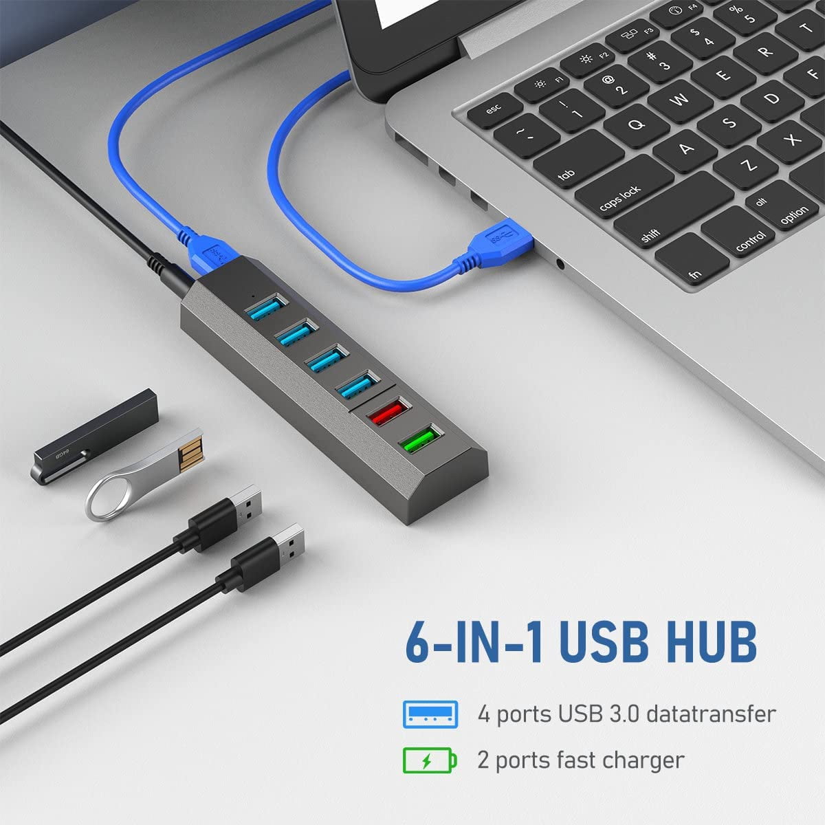 RREGER-USB Hub, 6 Ports Super High Speed USB 3.0 Hub Splitter + Power ...