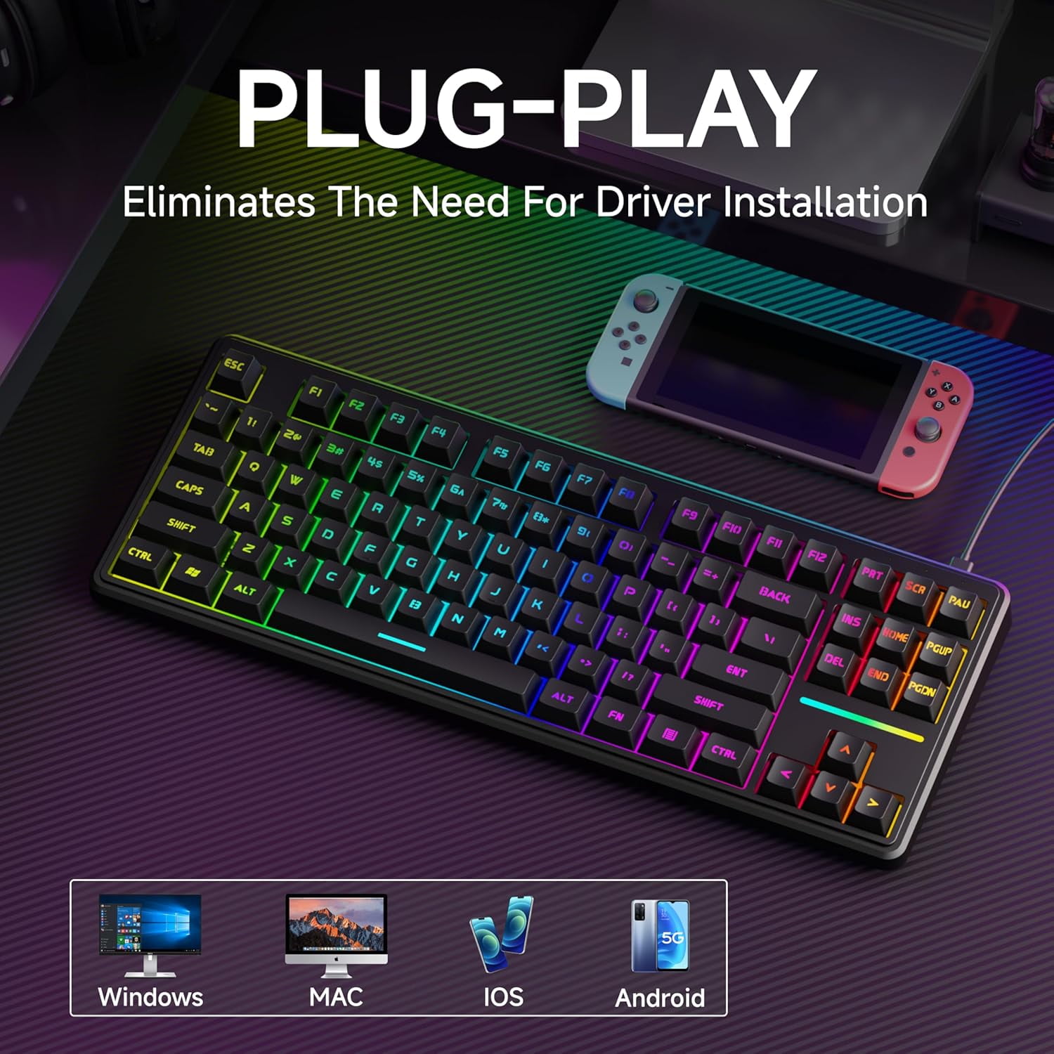 RREGER-V80 Wired TKL RGB Gaming Keyboard, 80% Compact Layout with PBT ...