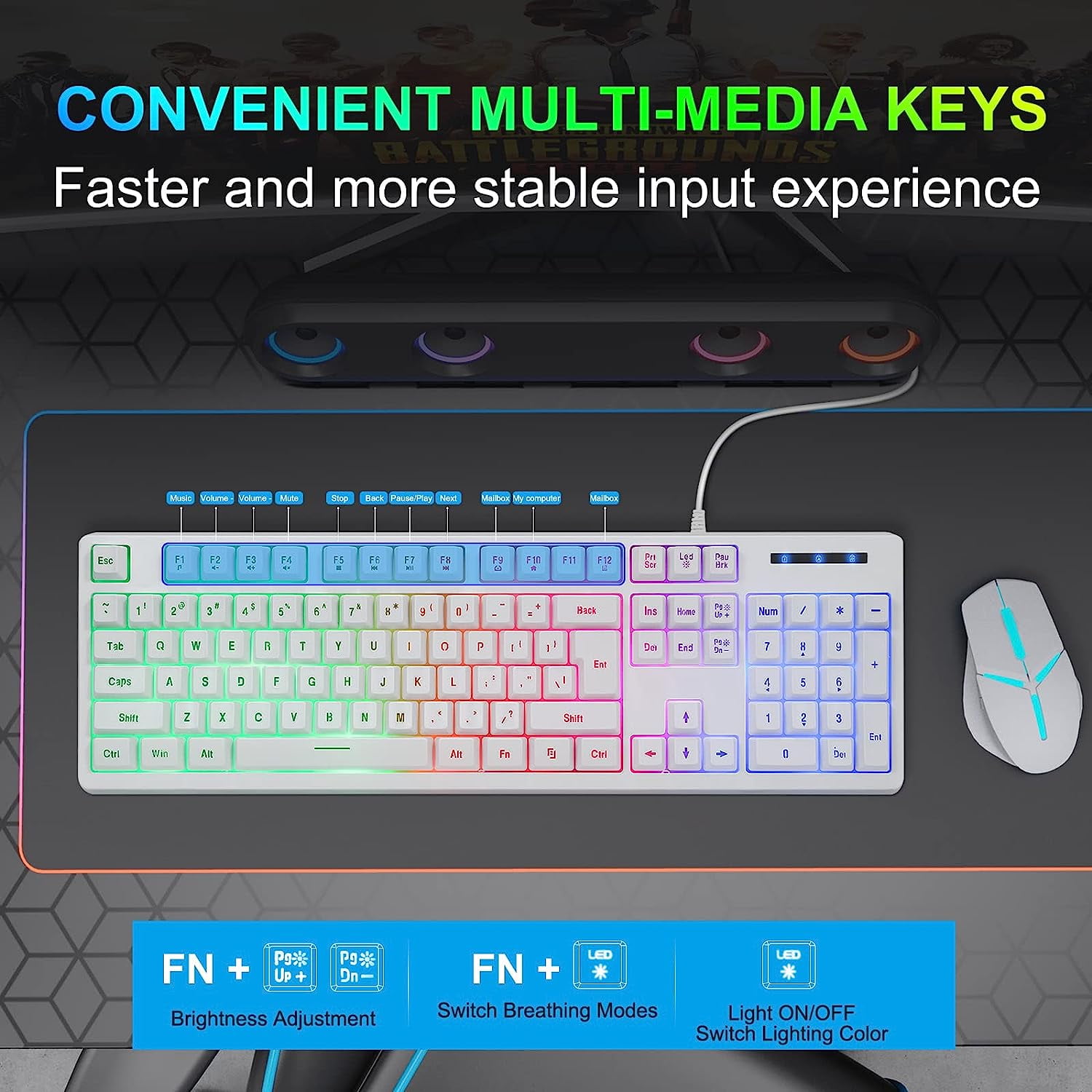 RREGER-White Gaming Keyboard USB Wired with Rainbow LED Backlit ...