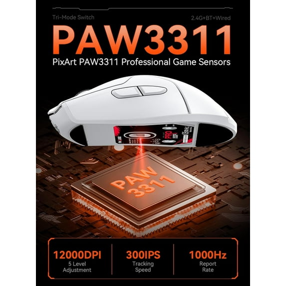 RREGER-White Wireless Gaming Mouse, Tri Mode (2.4G/Bluetooth/Wired ...