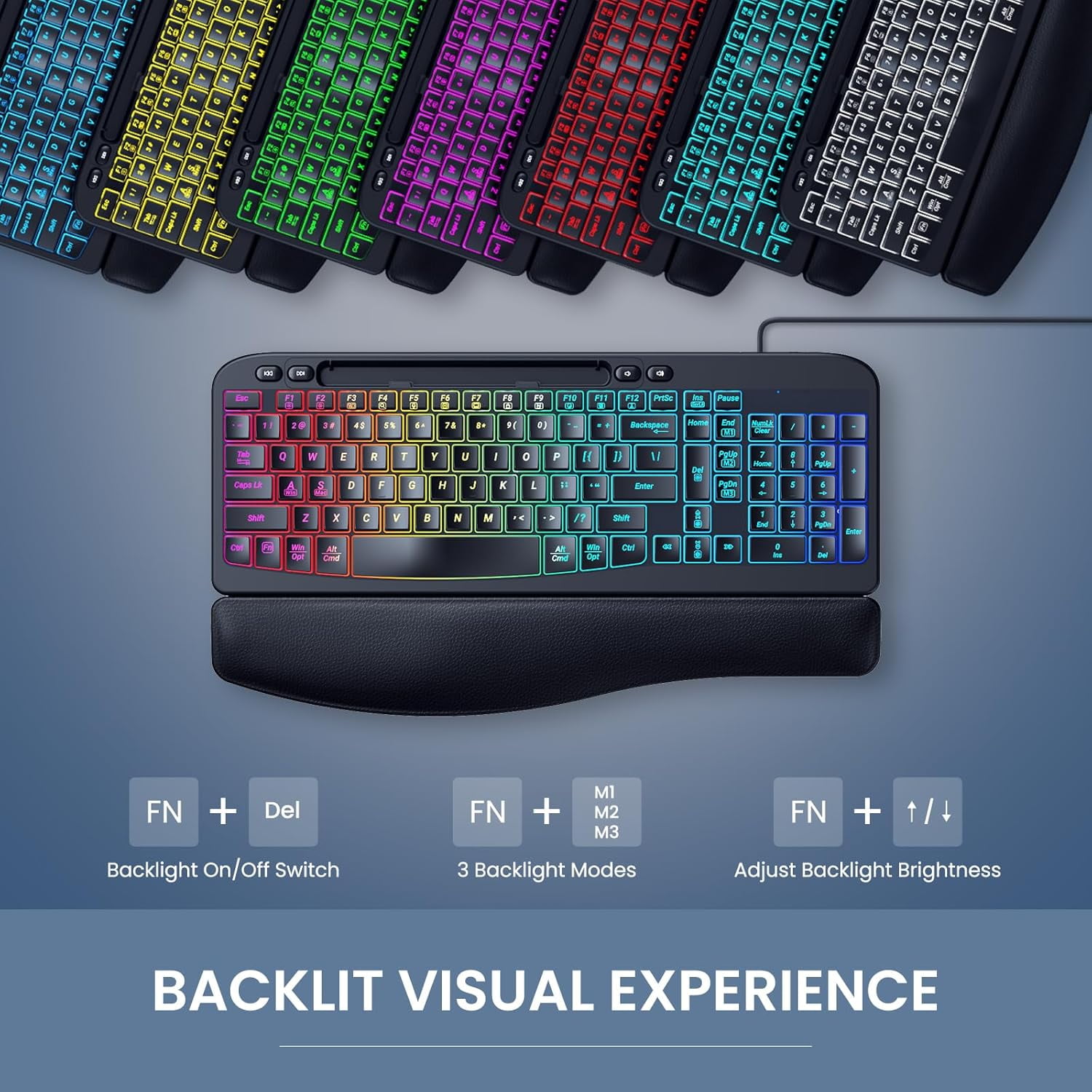 RREGER-Wired Ergonomic Keyboard, 7-Color Backlit USB Computer Keyboard ...