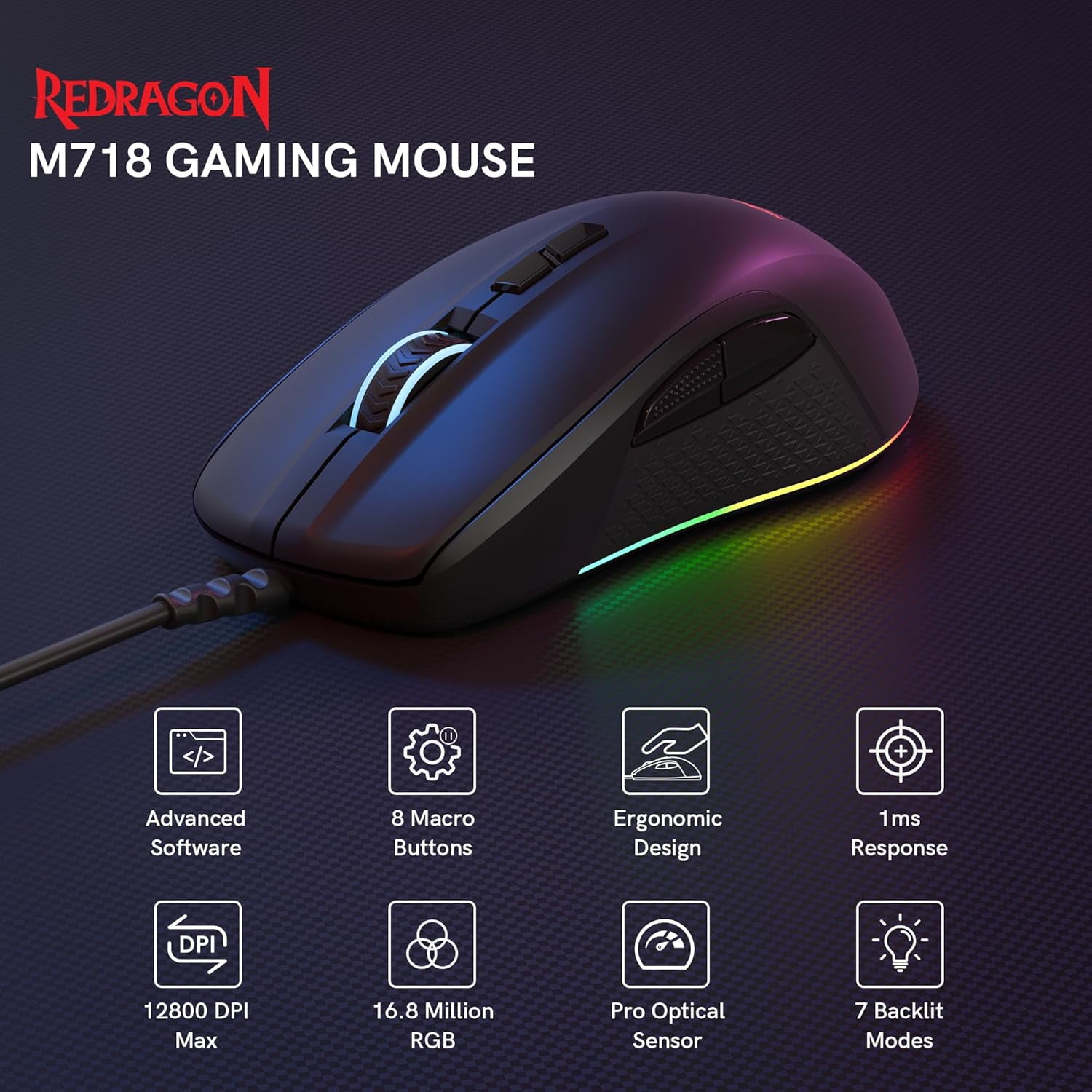 RREGER-Wired Gaming Mouse, Black PC Gaming Mice with RGB Backlits, 7 ...