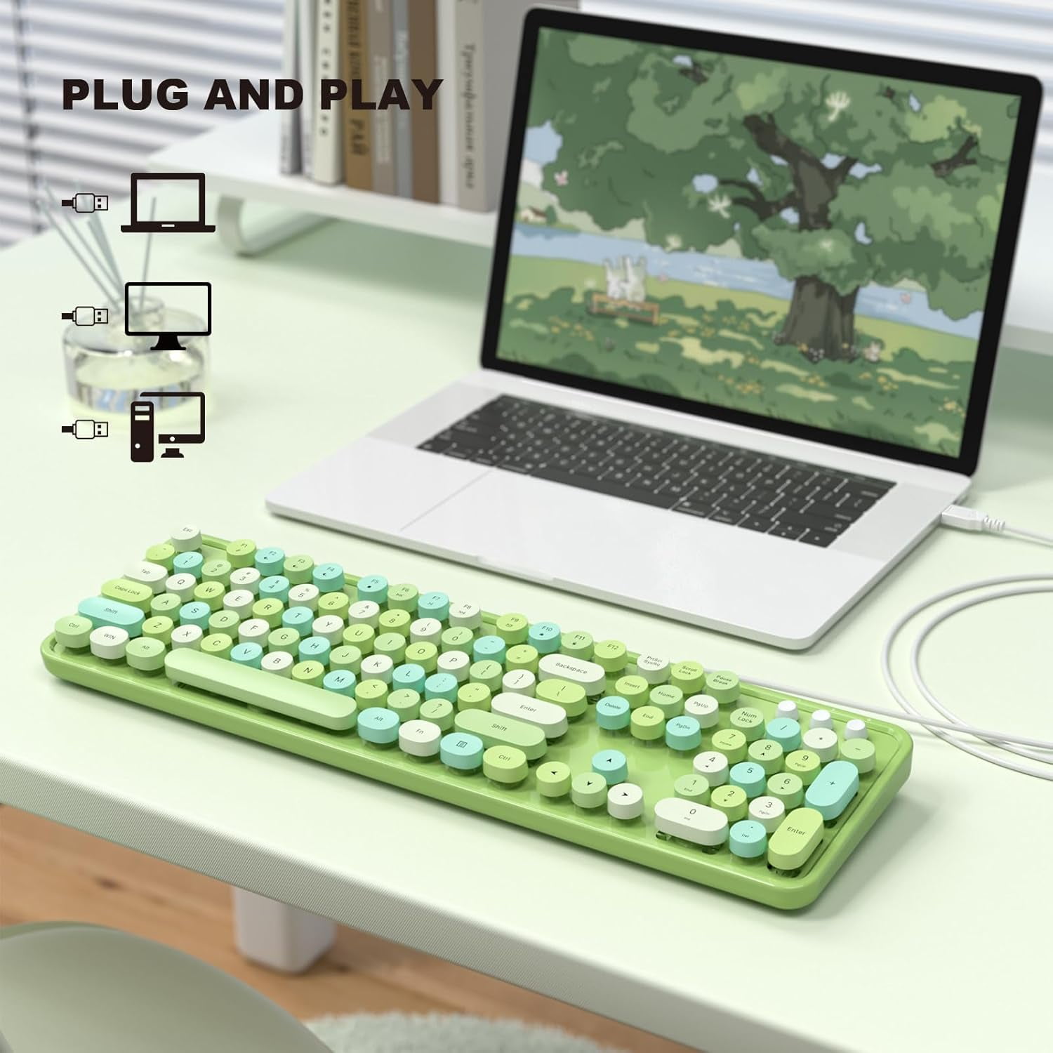 RREGER-Wired Keyboard - Full Size USB Plug & Play, Retro Round ...