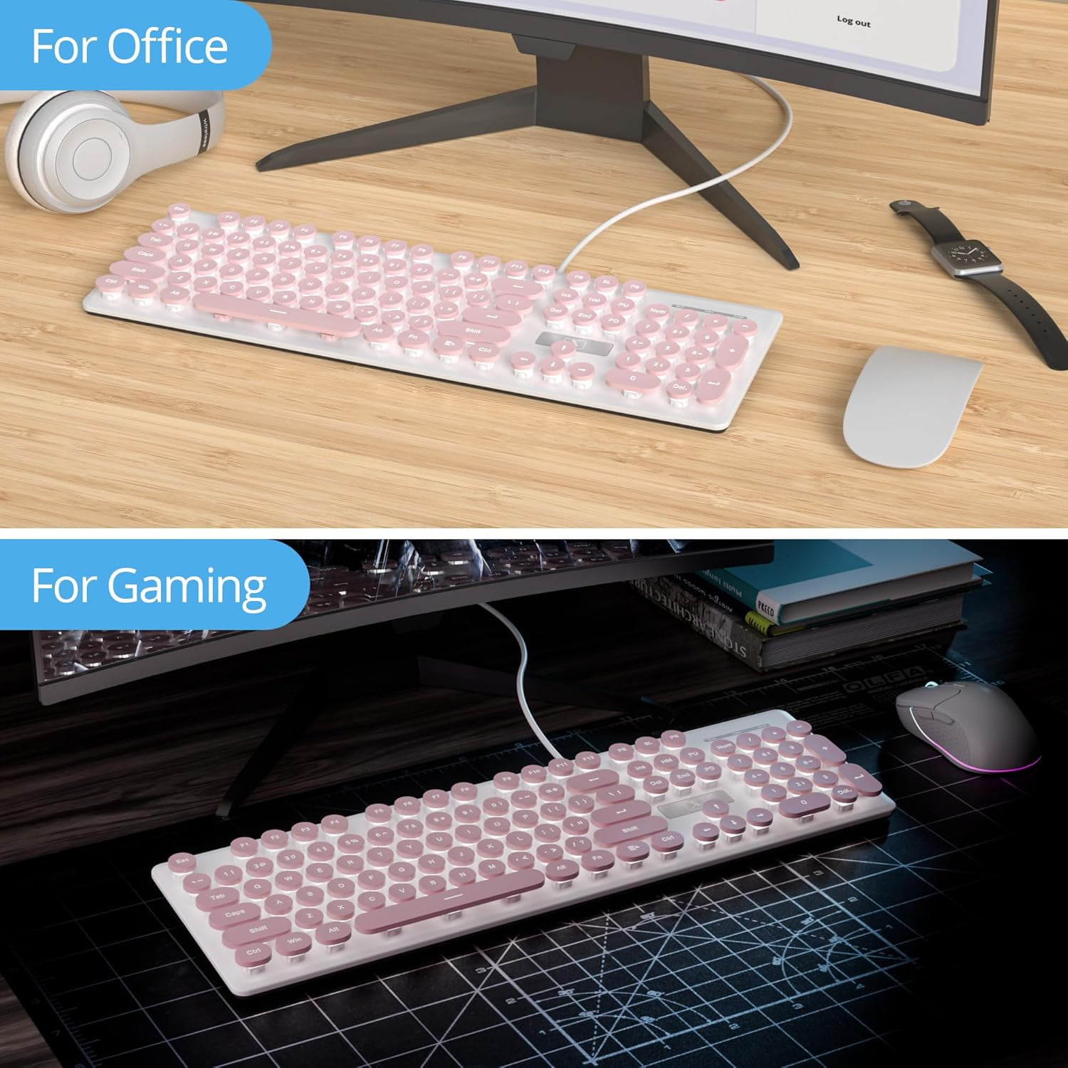 RREGER-Wired Quiet Membrane Keyboard,Full Size 104-Keys Retro Punk ...