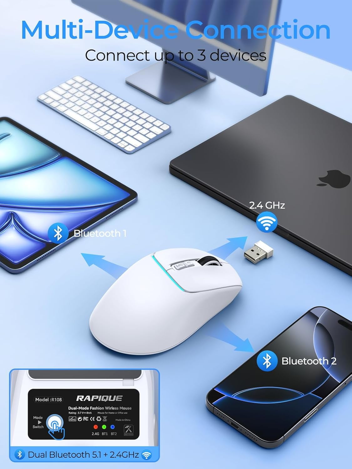 RREGER-Wireless Bluetooth Mouse – Dual Bluetooth ＆ 2.4GHz USB Receiver ...