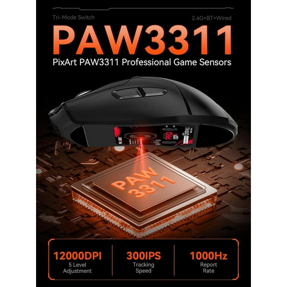 RREGER-Wireless Gaming Mouse, PAW3311 Sensor, 12,000 DPI, 1,000Hz, Tri ...