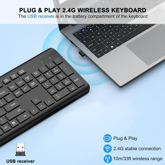 RREGER-Wireless Keyboard, 2.4G Full-Sized Cordless USB Silent Computer ...