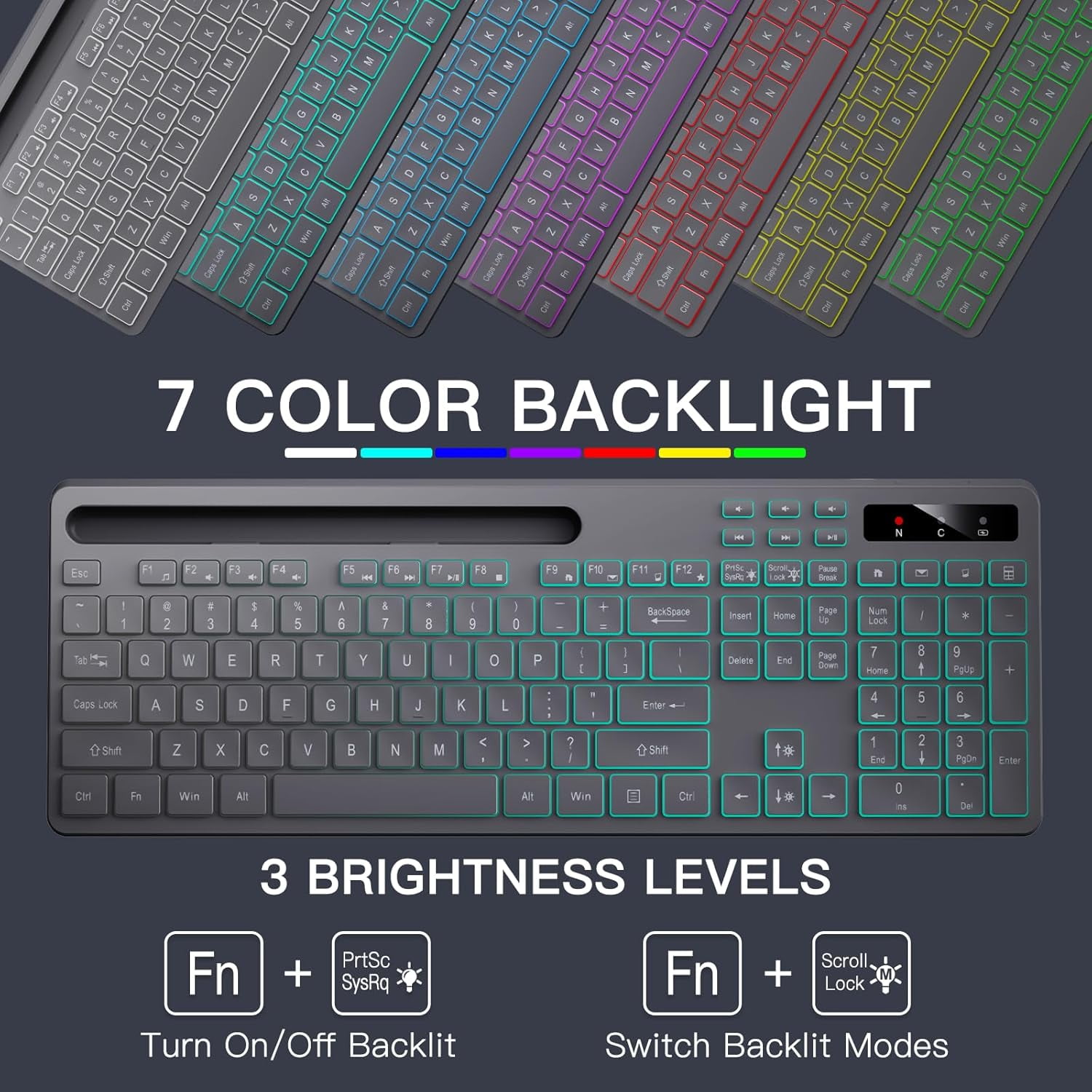 RREGER-Wireless Keyboard with 7-Color RGB Backlit, Full-Size Computer ...