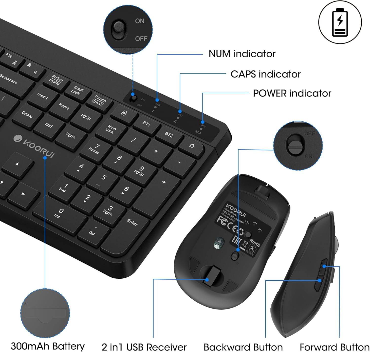 RREGER-Wireless Keyboard and Mouse Combo, 2.4G/Bluetooth Silent Full ...