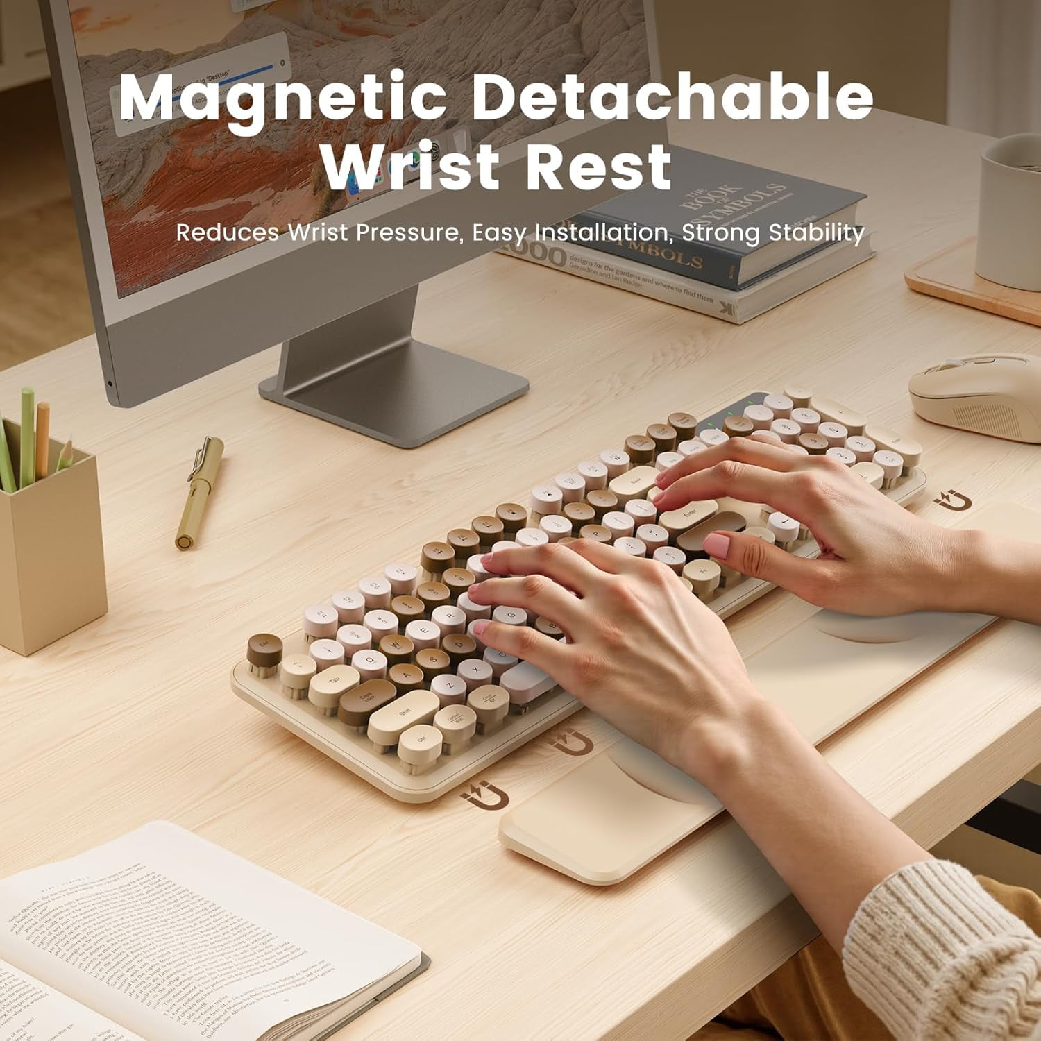 RREGER-Wireless Keyboard, Round Keycaps, Retro Typewriter Keyboard with ...