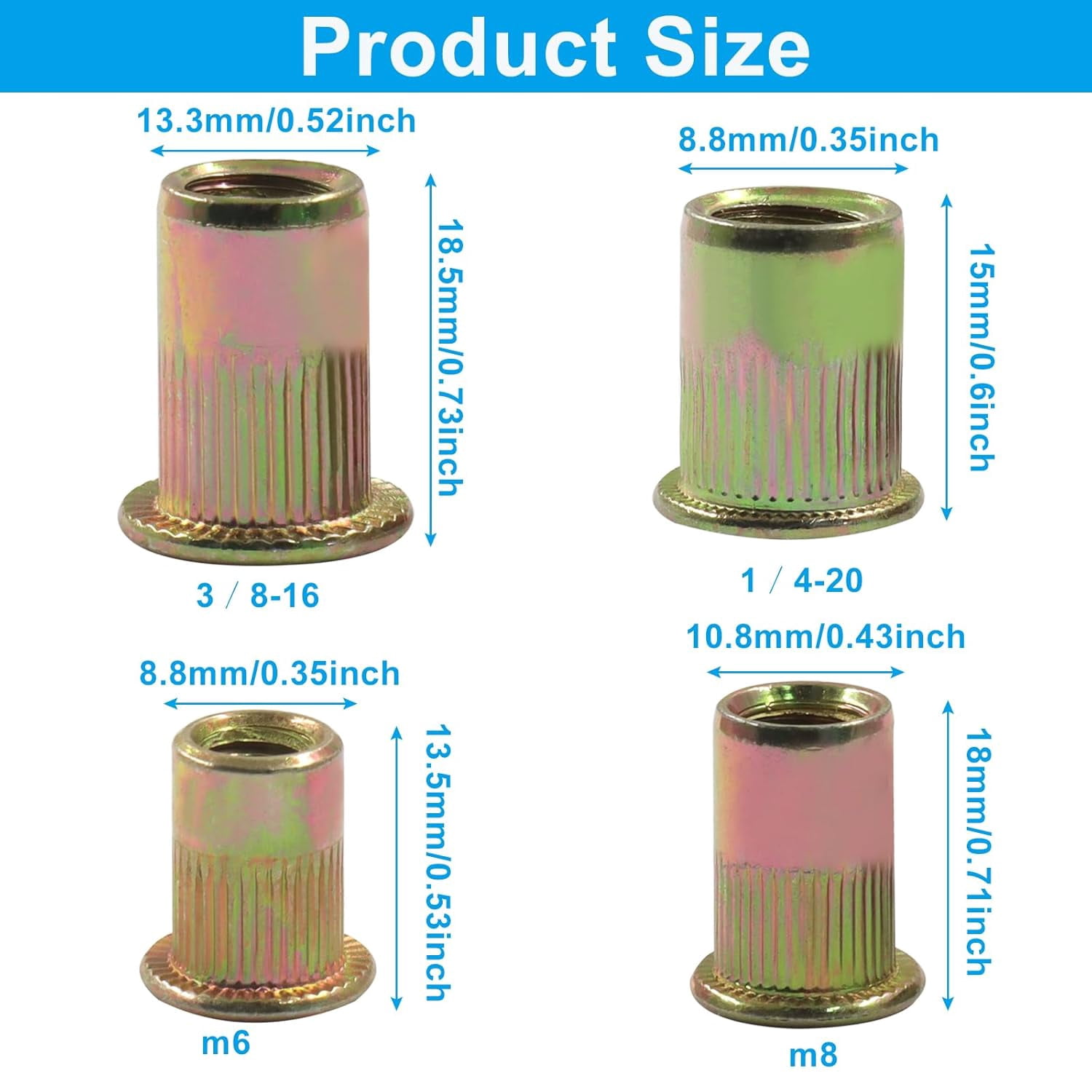 RRFDWQ-100 Pack M8 Carbon Steel Rivet Nut, Zinc Plated Threaded Insert ...