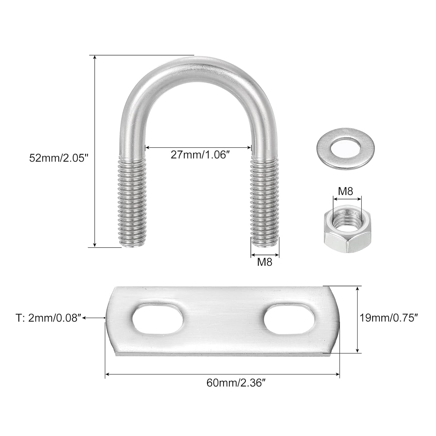 RRFDWQ-Round U-Bolts, 6 Sets 27mm(1.06") Inner Width 52mm Length M8 304 ...