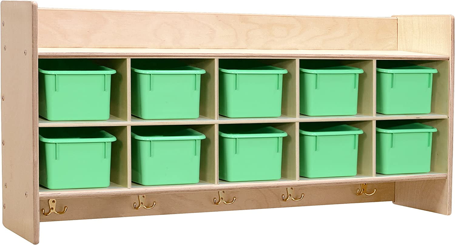 RRI Goods 10-Section Wood Toy Cubbies Storage w Lime Green Plastic Bins - Walmart.com