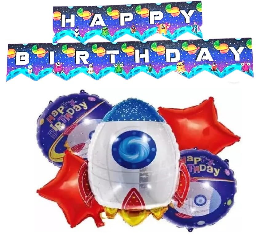 RSAAUD Space Theme Happy Birthday 5Pcs Rocket Balloon with Banner ...