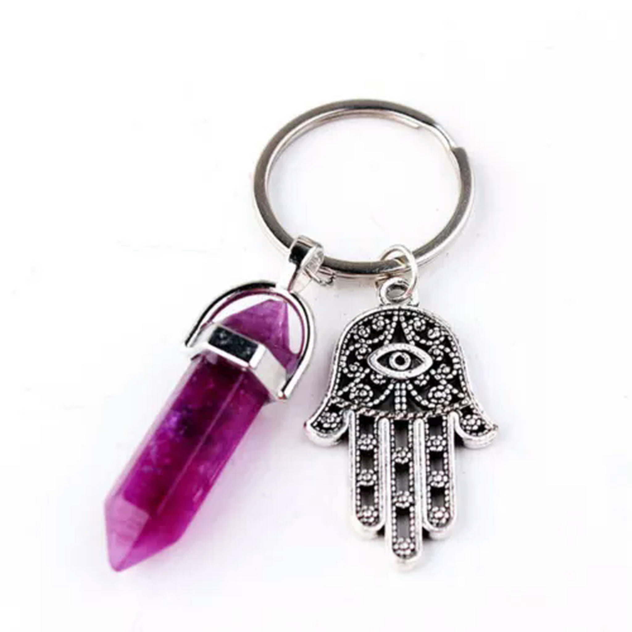 RSAMD Evil Eye Fatima Hamsa Hand Crystal Hexagon Pillar Key Ring Palm ...